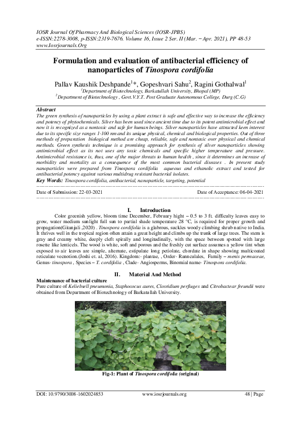 (PDF) Formulation and evaluation of antibacterial efficiency of nanoparticles of Tinospora ...