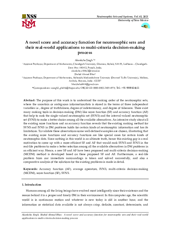 Pdf A Novel Score And Accuracy Function For Neutrosophic Sets And Their Real World