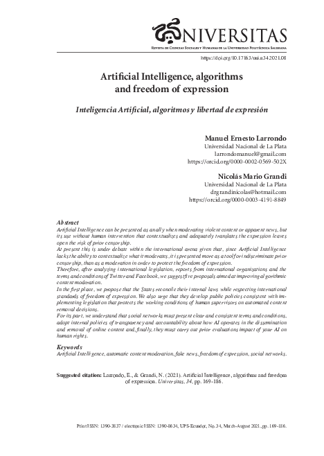 (PDF) Artificial Intelligence, algorithms and freedom of expression