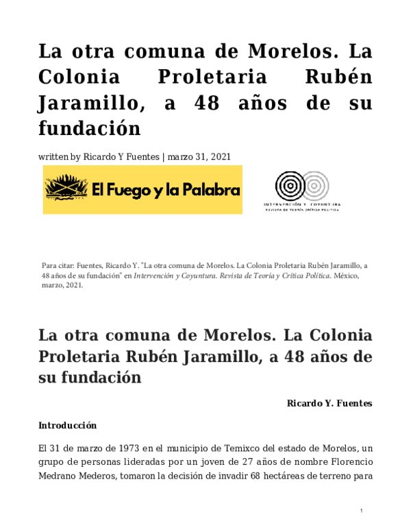 (PDF) La otra comuna de Morelos. La Colonia Proletaria Rubén Jaramillo ...