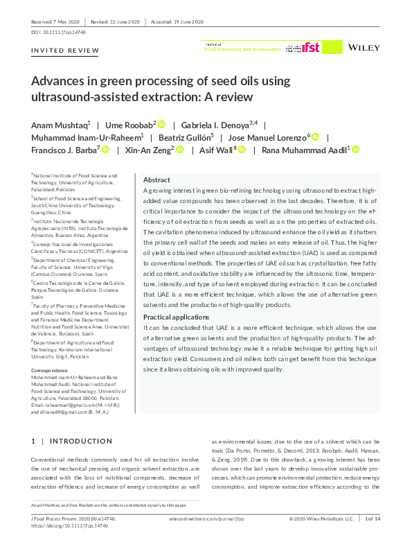 (PDF) Advances in green processing of seed oils using ultrasound ...