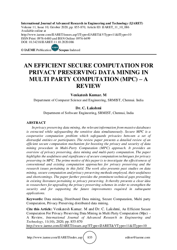 Pdf An Efficient Secure Computation For Privacy Preserving Data Mining In Multi Party