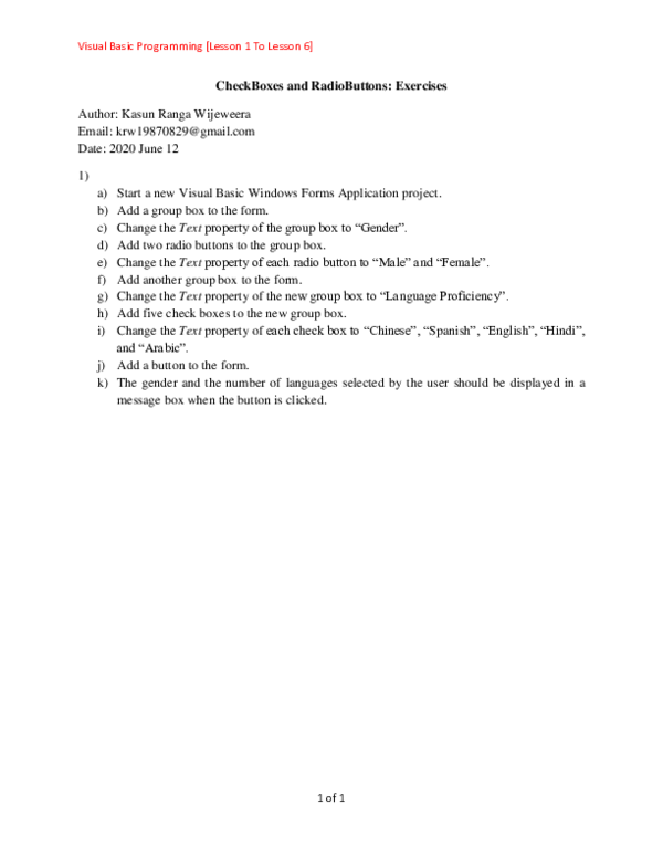 (PDF) CheckBoxes and RadioButtons: Exercises