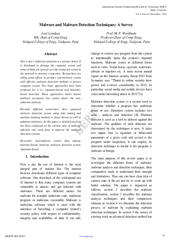 Pdf Ijert Malware And Malware Detection Techniques A Survey Ijert