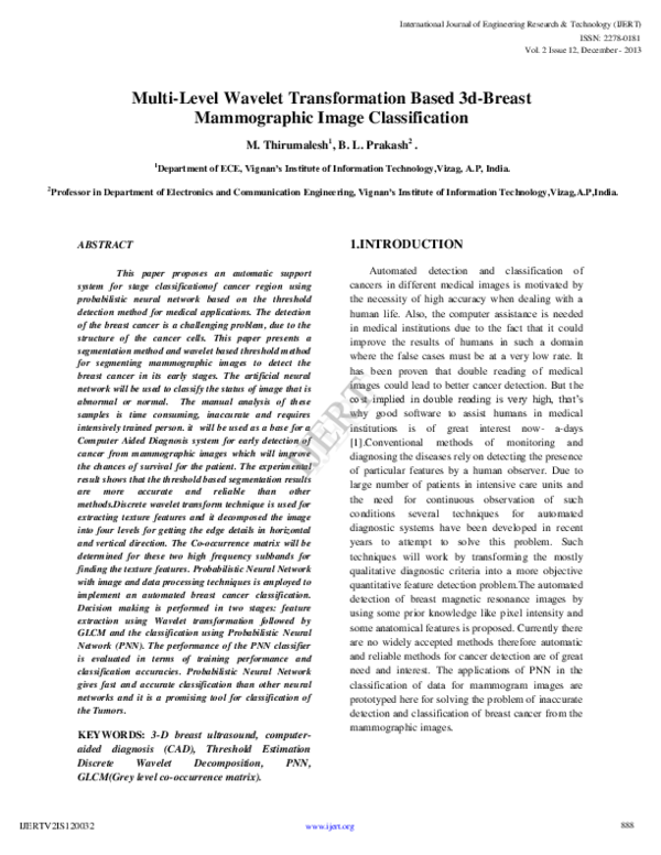 Pdf Ijert Multi Level Wavelet Transformation Based 3d Breast Mammographic Image Classification
