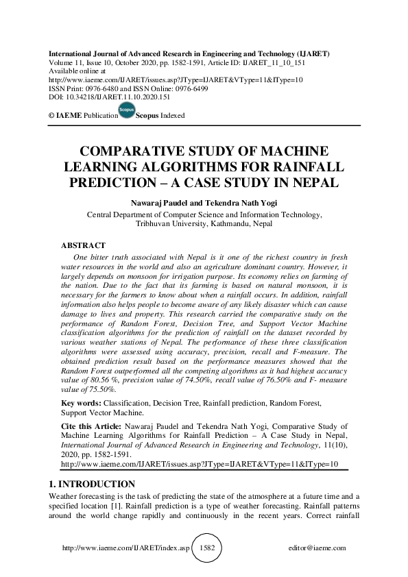 (PDF) COMPARATIVE STUDY OF MACHINE LEARNING ALGORITHMS FOR RAINFALL ...