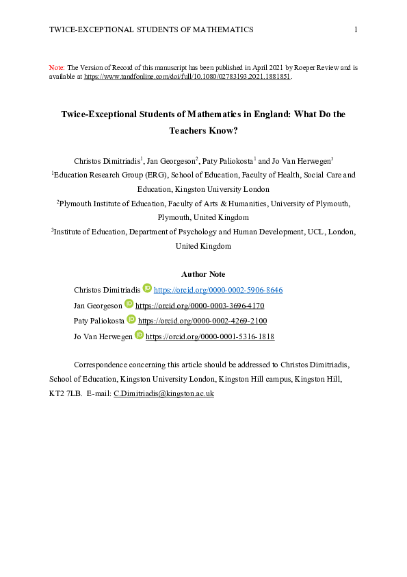 (PDF) Twice-Exceptional Students of Mathematics in England: What Do the ...