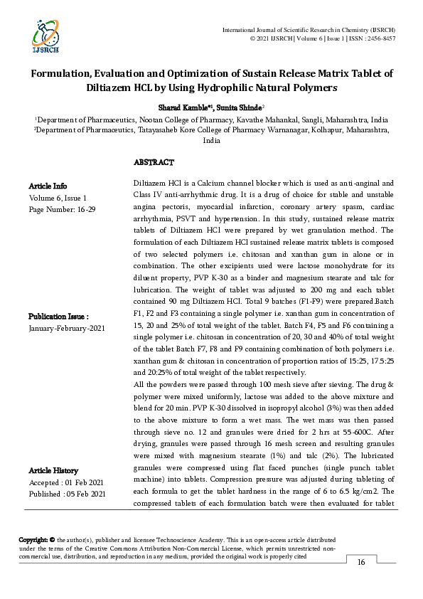 Pdf Formulation Evaluation And Optimization Of Sustain Release Matrix Tablet Of Diltiazem Hcl