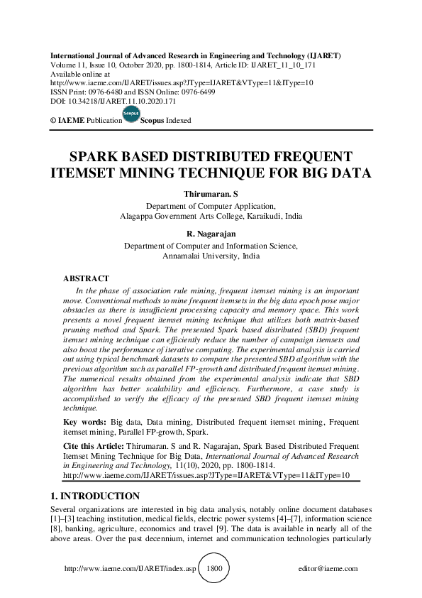 Pdf Spark Based Distributed Frequent Itemset Mining Technique For Big Data 7261