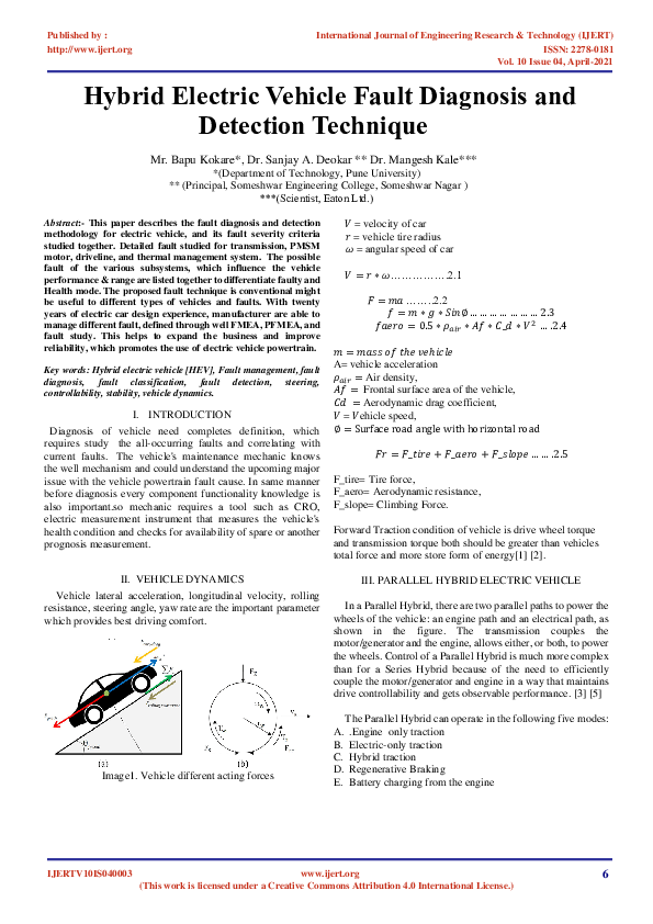 Pdf Ijert Hybrid Electric Vehicle Fault Diagnosis And Detection Technique