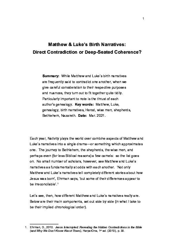 (PDF) Matthew & Luke’s Birth Narratives: Direct Contradiction or Deep ...