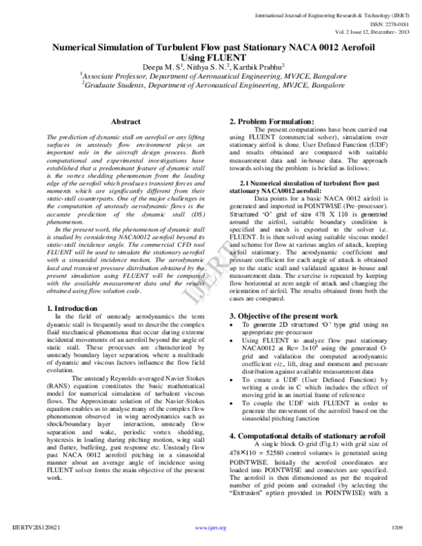 (PDF) IJERT-Numerical Simulation of Turbulent Flow past Stationary NACA 0012 Aerofoil Using FLUENT