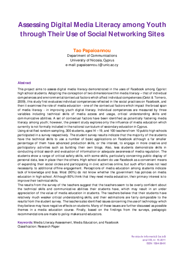 (PDF) Assessing Digital Media Literacy among Youth through Their Use of ...