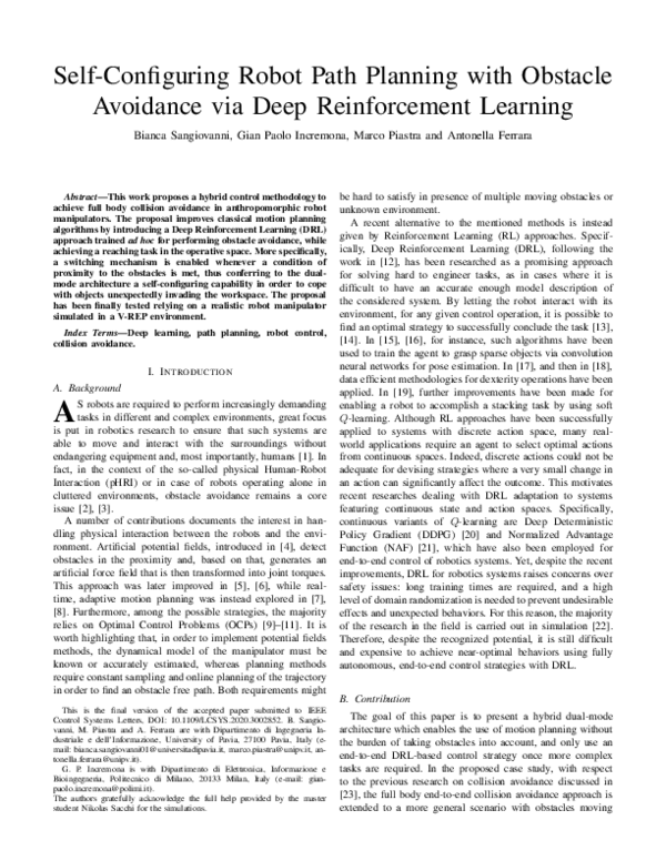(PDF) Self-Configuring Robot Path Planning With Obstacle Avoidance via Deep Reinforcement Learning
