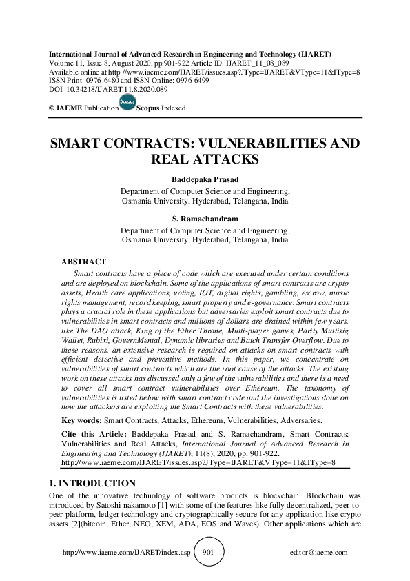 (PDF) SMART CONTRACTS: VULNERABILITIES AND REAL ATTACKS