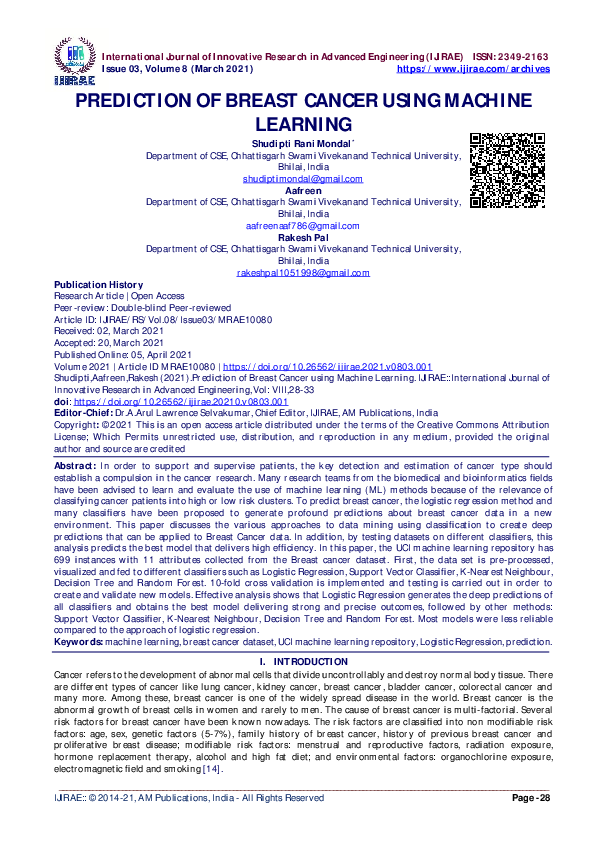 (PDF) Prediction of Breast Cancer using Machine Learning
