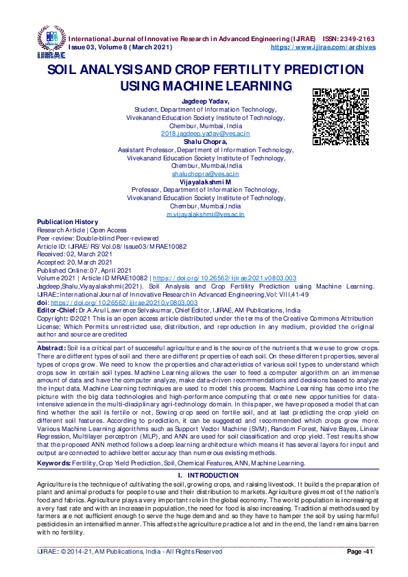 (PDF) Soil Analysis and Crop Fertility Prediction using Machine Learning