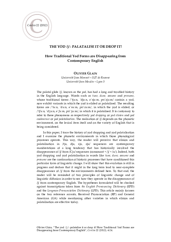 (PDF) THE YOD /j/ : PALATALISE IT OR DROP IT! How Traditional Yod Forms ...