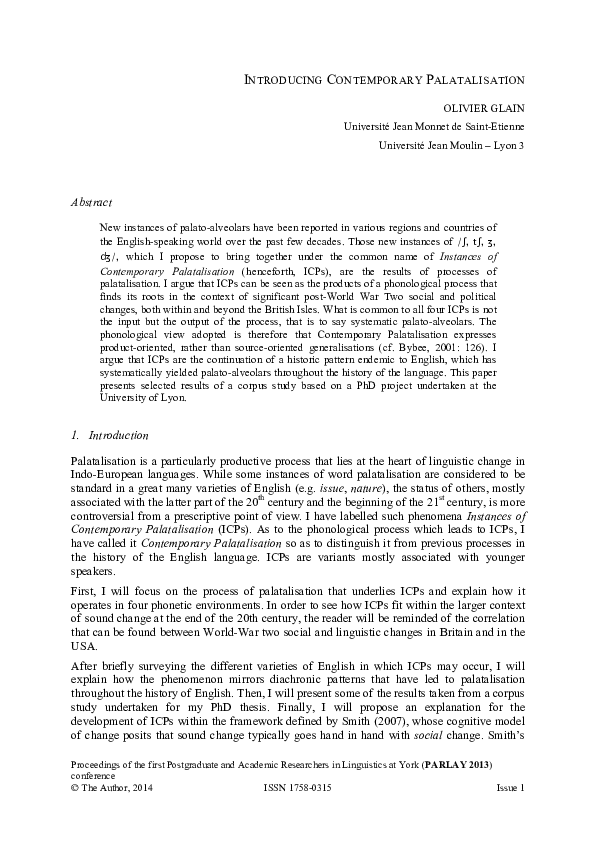 (PDF) Introducing Contemporary Palatalisation