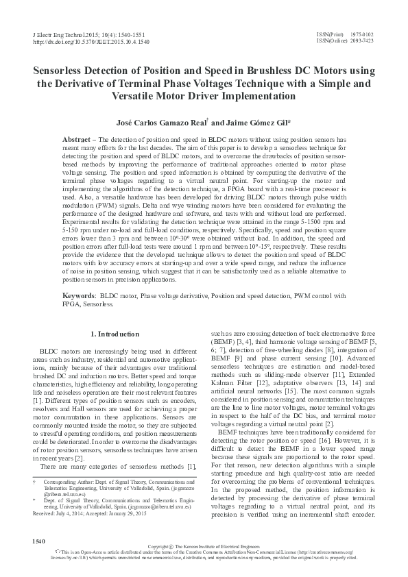 Pdf Sensorless Detection Of Position And Speed In Brushless Dc Motors Using The Derivative Of