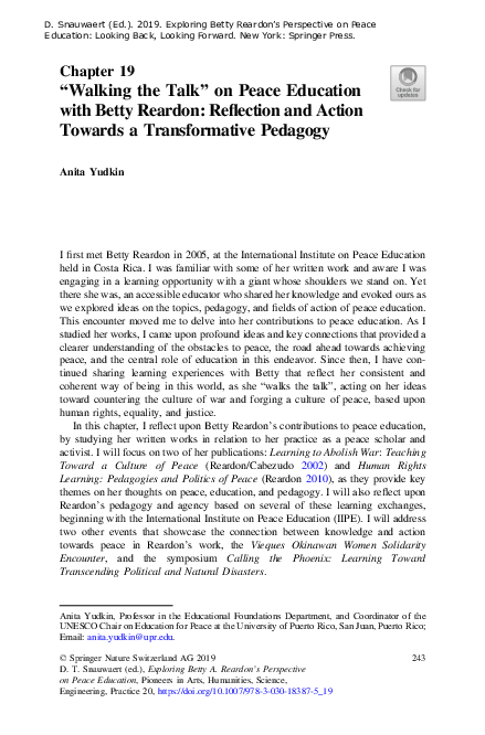 (PDF) “Walking the talk” on peace education with Betty Reardon ...