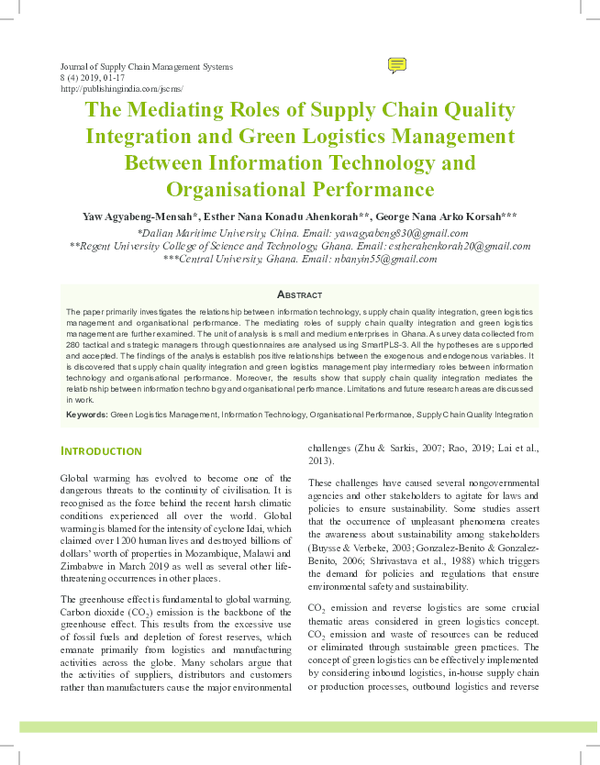 (PDF) The Mediating Roles of Supply Chain Quality Integration and Green Logistics Management ...