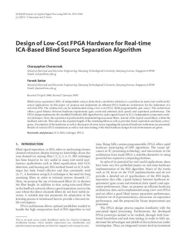 Pdf Design Of Low Cost Fpga Hardware For Real Time Ica Based Blind Source Separation Algorithm