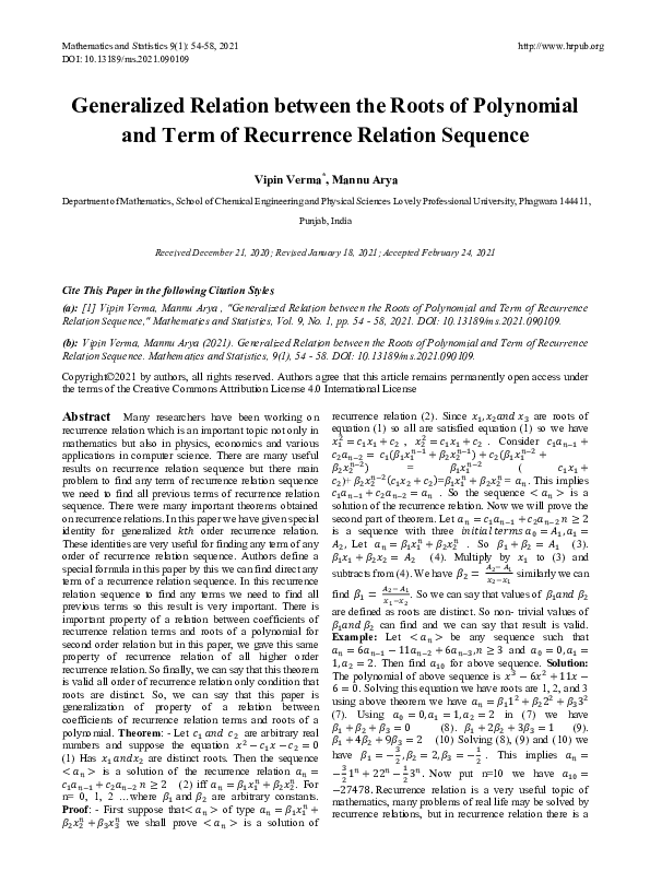 Pdf Generalized Relation Between The Roots Of Polynomial And Term Of Recurrence Relation Sequence