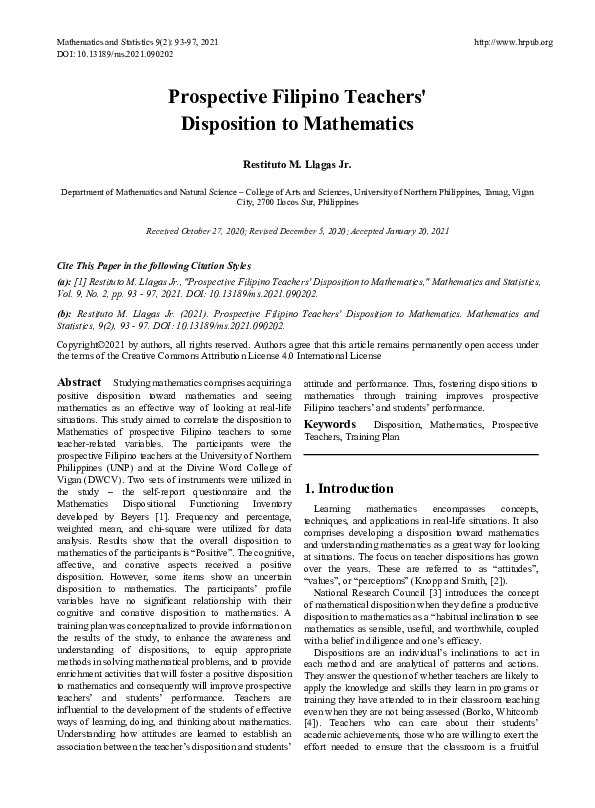(PDF) Prospective Filipino Teachers' Disposition to Mathematics