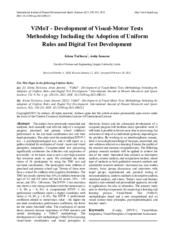 (PDF) ViMoT -Development of Visual-Motor Tests Methodology Including ...
