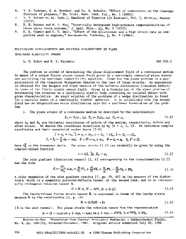 (PDF) Multivalued displacements and volterra dislocations in plane nonlinear elasticity theory