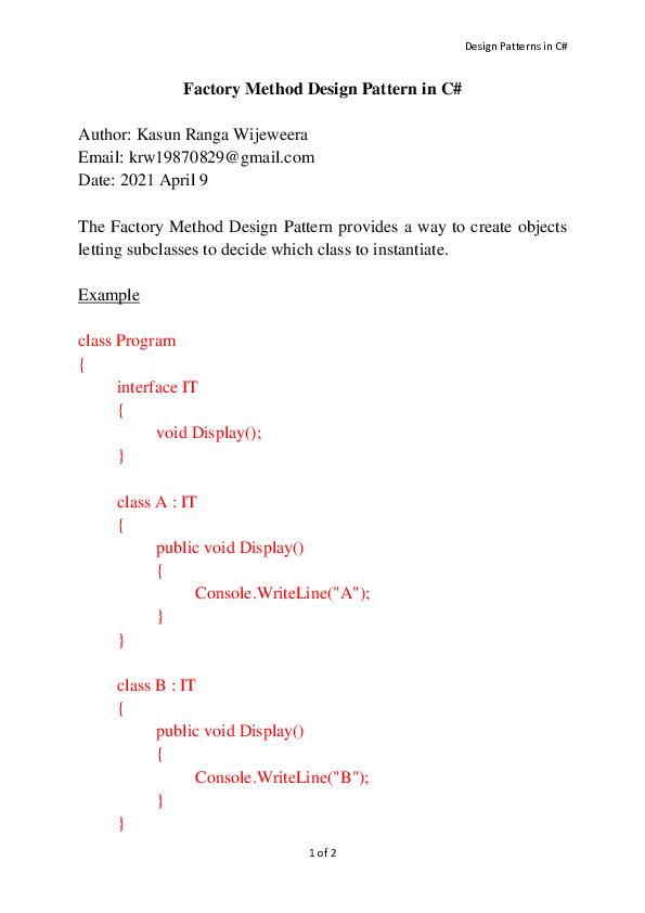 (PDF) Factory Method Design Pattern in C#
