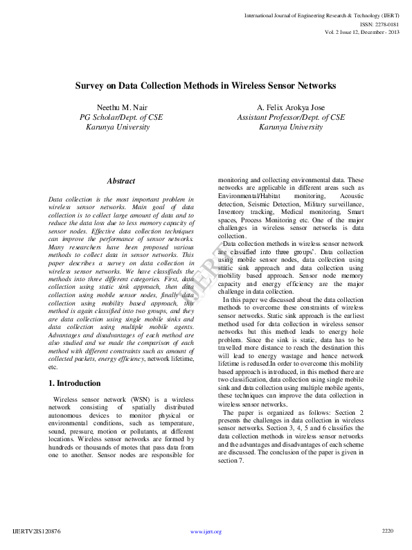 Pdf Ijert Survey On Data Collection Methods In Wireless Sensor