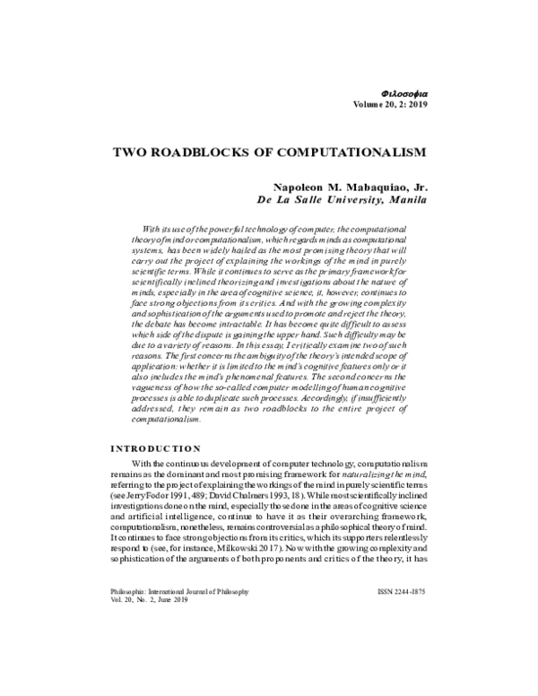 (PDF) Two Roadblocks of Computationalism