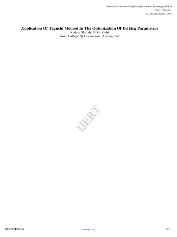 (PDF) IJERT-Application Of Taguchi Method In The Optimization Of Drilling Parameters