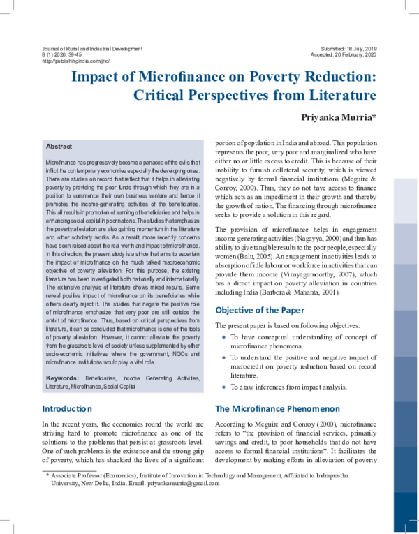 (PDF) Impact of Microfinance on Poverty Reduction: Critical ...
