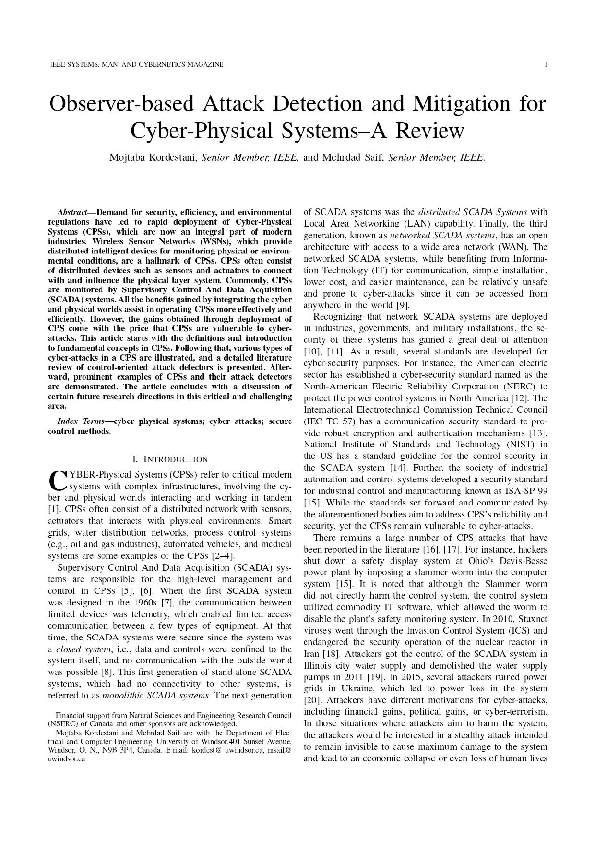 (PDF) Observer-based Attack Detection and Mitigation for Cyber-Physical Systems–A Review