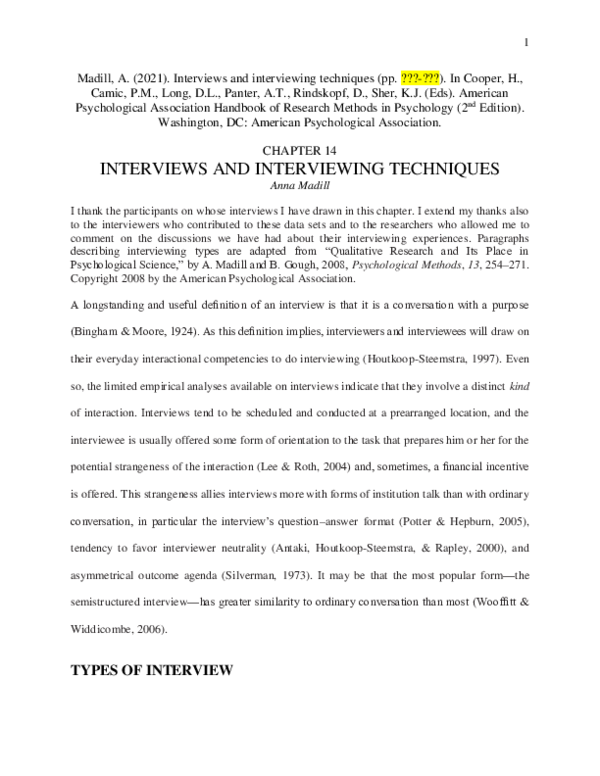 (PDF) Madill, A. (2023). Interviews & interviewing techniques (Vol 1 ...