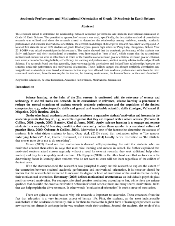 (PDF) Academic Performance and Motivational Orientation of Grade 10 ...