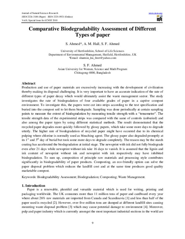 (PDF) Comparative Biodegradability Assessment of Different Types of paper