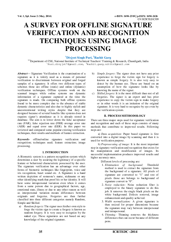 Pdf A Survey For Offline Signature Verification And Recognition