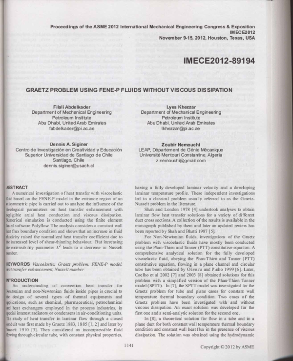 (PDF) Graetz Problem Using FENE-P Fluids Without Viscous Dissipation