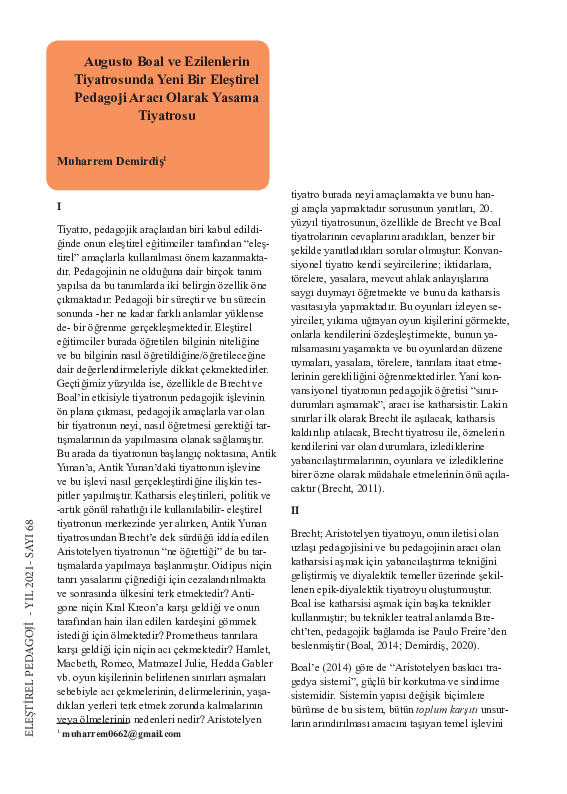 (PDF) Augusto Boal ve Ezilenlerin Tiyatrosunda Yeni Bir Eleştirel ...