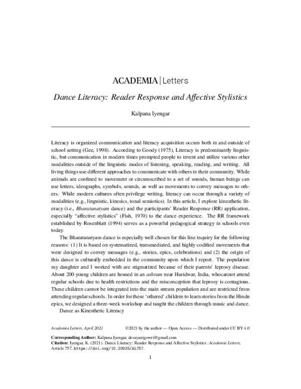 (PDF) Dance Literacy: Reader Response and Affective Stylistics