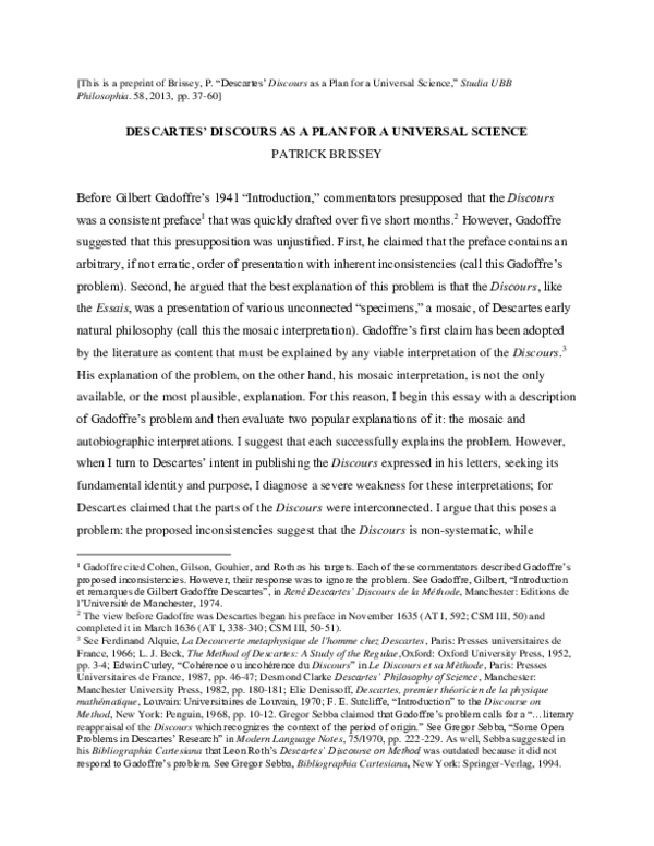 (PDF) Descartes' Discours as a Plan for a Universal Science