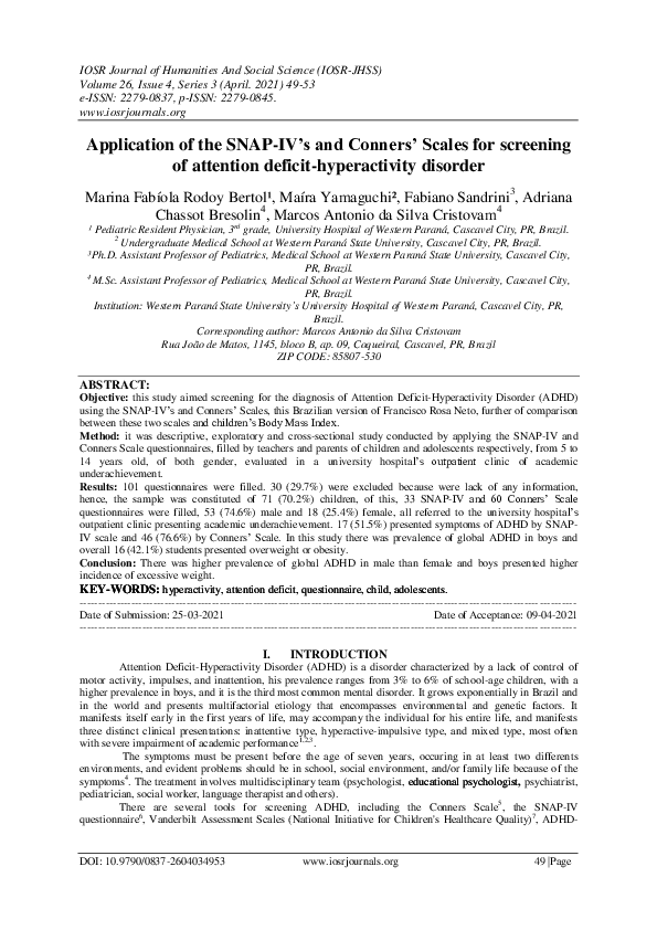 (PDF) Application of the SNAP-IV's and Conners' Scales for screening of ...