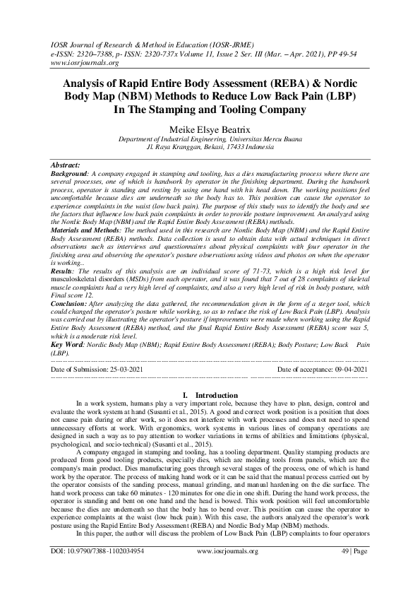 (PDF) Analysis of Rapid Entire Body Assessment (REBA) & Nordic Body Map ...
