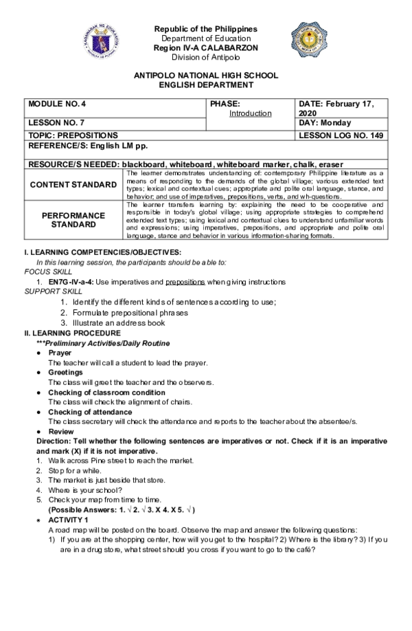 (DOC) Grade 7 Lesson Plan about Prepositions