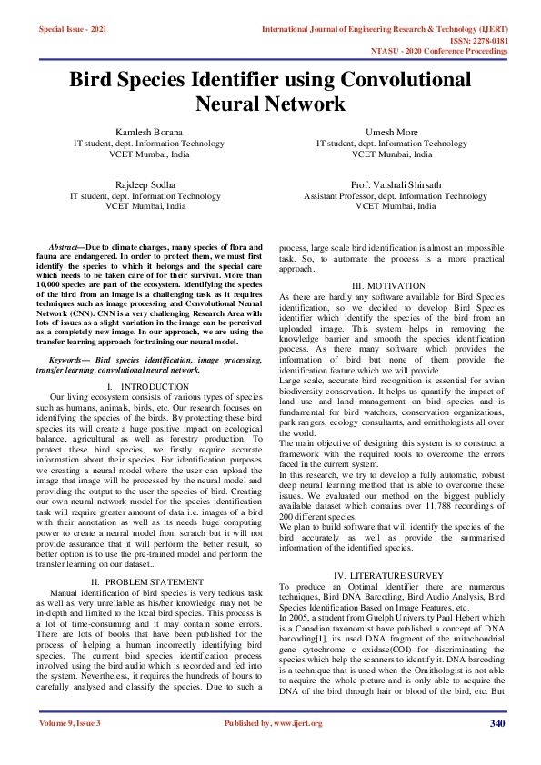 Pdf Ijert Bird Species Identifier Using Convolutional Neural Network