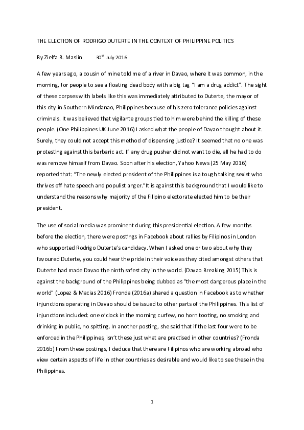 (DOC) THE ELECTION OF RODRIGO DUTERTE IN THE CONTEXT OF PHILIPPINE POLITICS